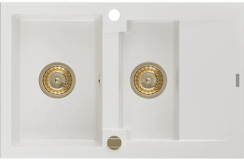 Mexen Gaspar dřez granitový 1,5-komorový s odkapávačem 737 x 475 mm, bílý, sifon zlatý - 6507731505-20-G