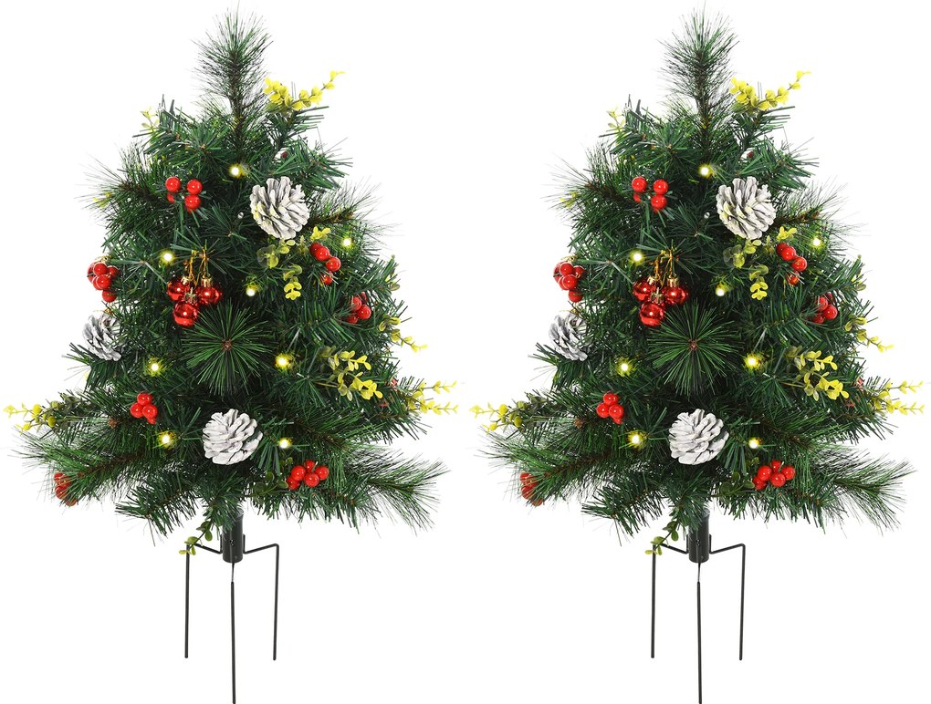 HOMCOM Sada 2 vánočních stromků, umělý mini vánoční stromek s LED světly, plast, kov, rozměry 33 x 75 cm, zelená