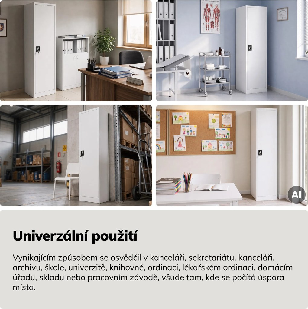 Kartotéková skříň na spisy uzamykatelná na klíč vysoká bílá, 450x2200x400 mm: ALEX H2200