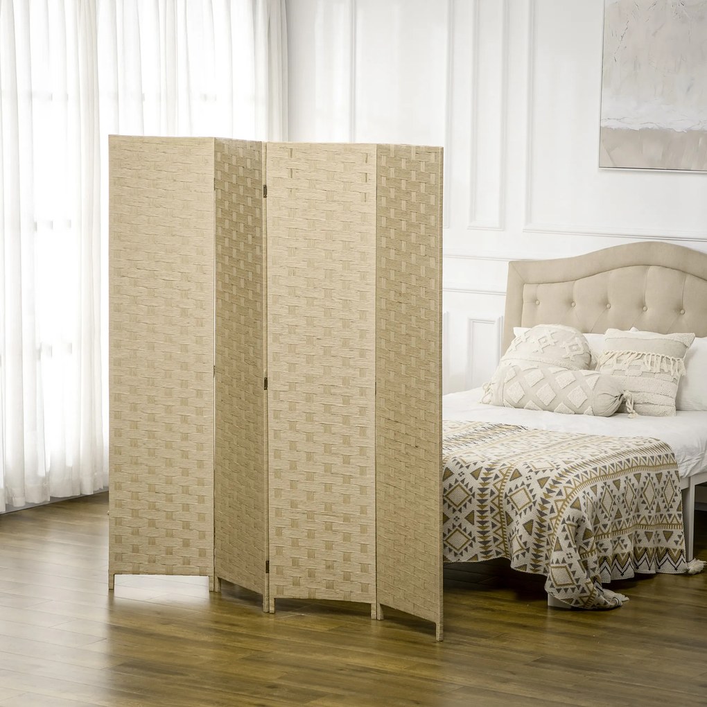 HOMCOM Dělicí stěna 4 panely 159,5x169,5 cm Skládací separator s dekorem z papírového provazu pro ložnici a obývací pokoj Hnědá