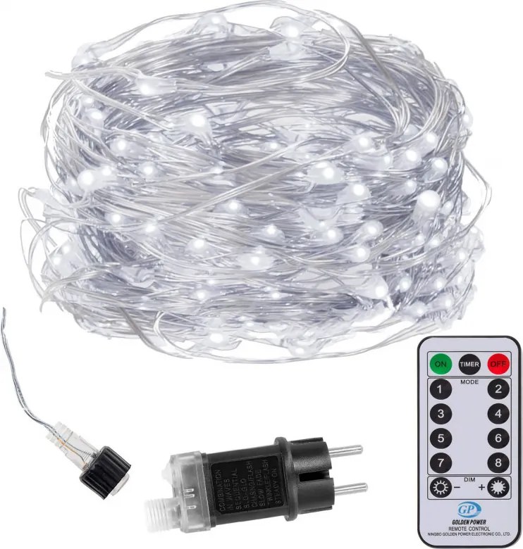 LED řetěz Nano - 48m, 480LED, 8 funkcí, ovladač, IP44, studená bílá