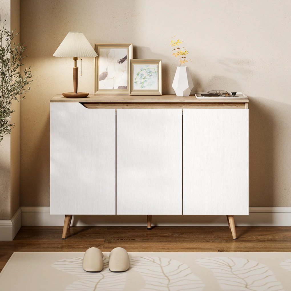 HOMCOM Komoda s 3 dvířky, 2 nastavitelnými policemi, 5 nohami z hevea, rustikální dub/bílá, 107 × 35 × 76,5 cm