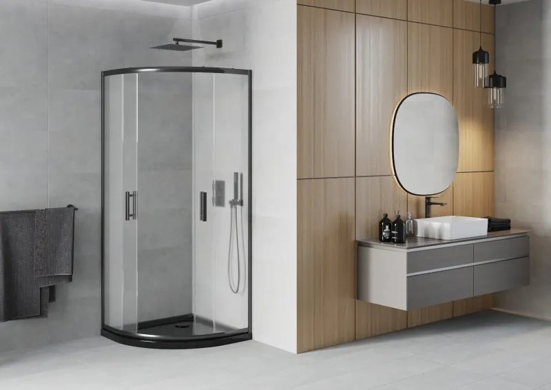 Mexen Rio, čtvrtkruhový sprchový kout 90(dveře)x90(dveře)x190 cm, 5mm sklo námraza, černý profil + černá sprchová vanička SLIM, 863-090-090-70-30-4170B