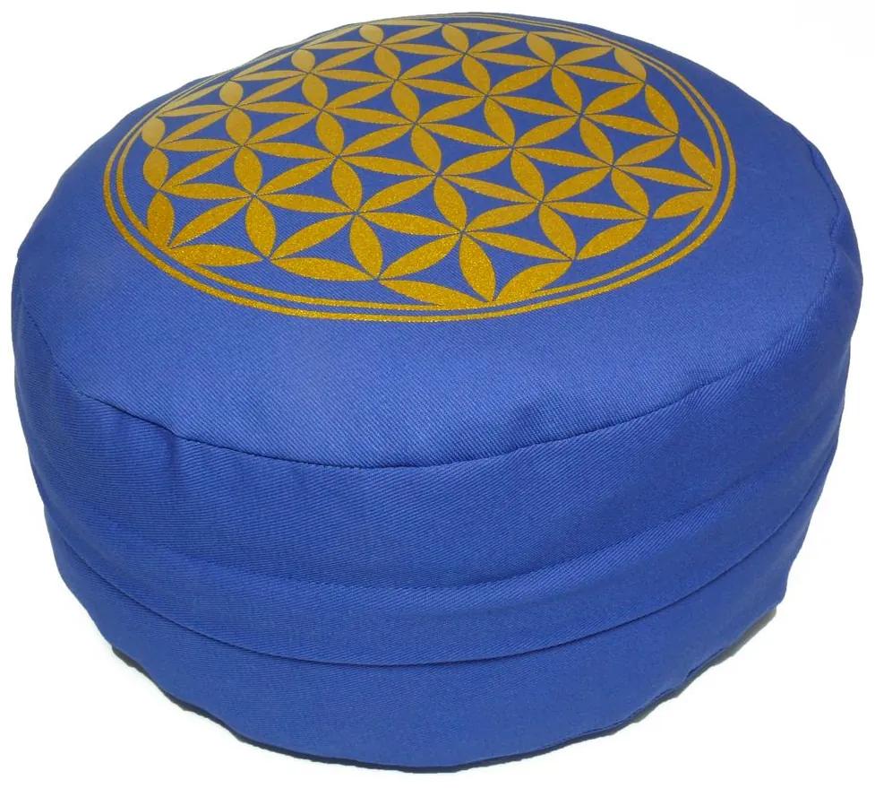 S radostí - vlastní výroba Meditační polštář se zlatým Květem života - modrý Velikost: ∅30 x v25 cm