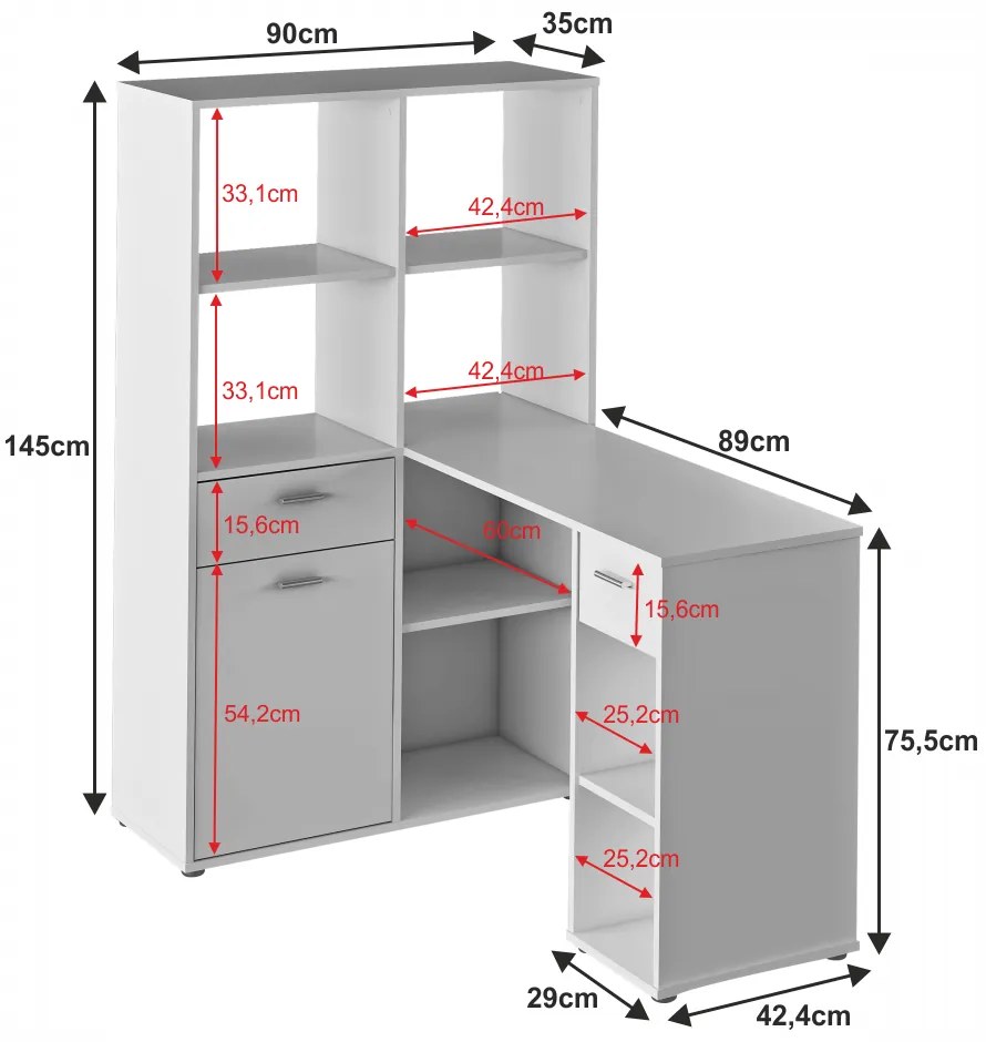 Kondela PC stůl s regálem, bílá, MINESON