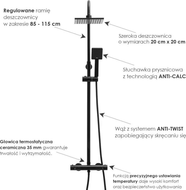 Erga Flova, sprchová souprava s termostatickou baterií a dešťovou hlavicí 20x20cm, černá matná, ERG-YKA-BP.FLOVA THERM 20 BLK