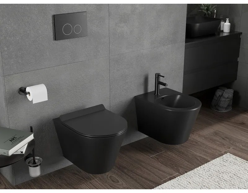 Mexen Rico, závěsná WC mísa 490x360x370 mm, Rimless Tornádo + WC sedátko z duroplastu, černá matná, 30720185T