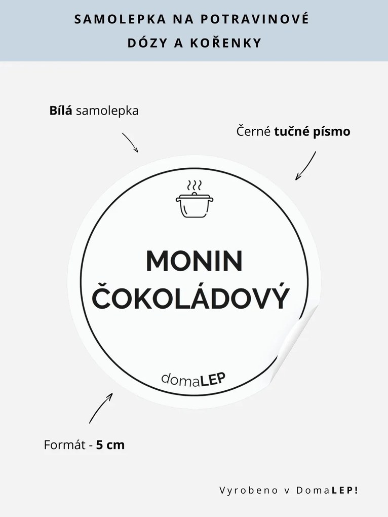 Samolepka na láhev MONIN ČOKOLÁDOVÝ průměr 5 cm – bílá vinylová, voděodolná, omyvatelná samolepka na dózy, tučné písmo