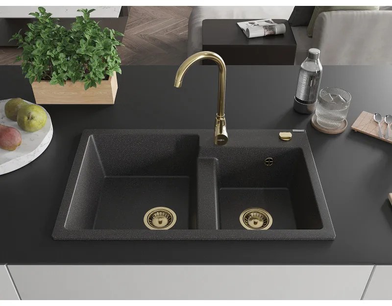 Mexen Tomas, granitový dřez 800x500x190 mm, 2-komorový, černá skvrnitá se zlatým sifonem, 6516802000-76-G