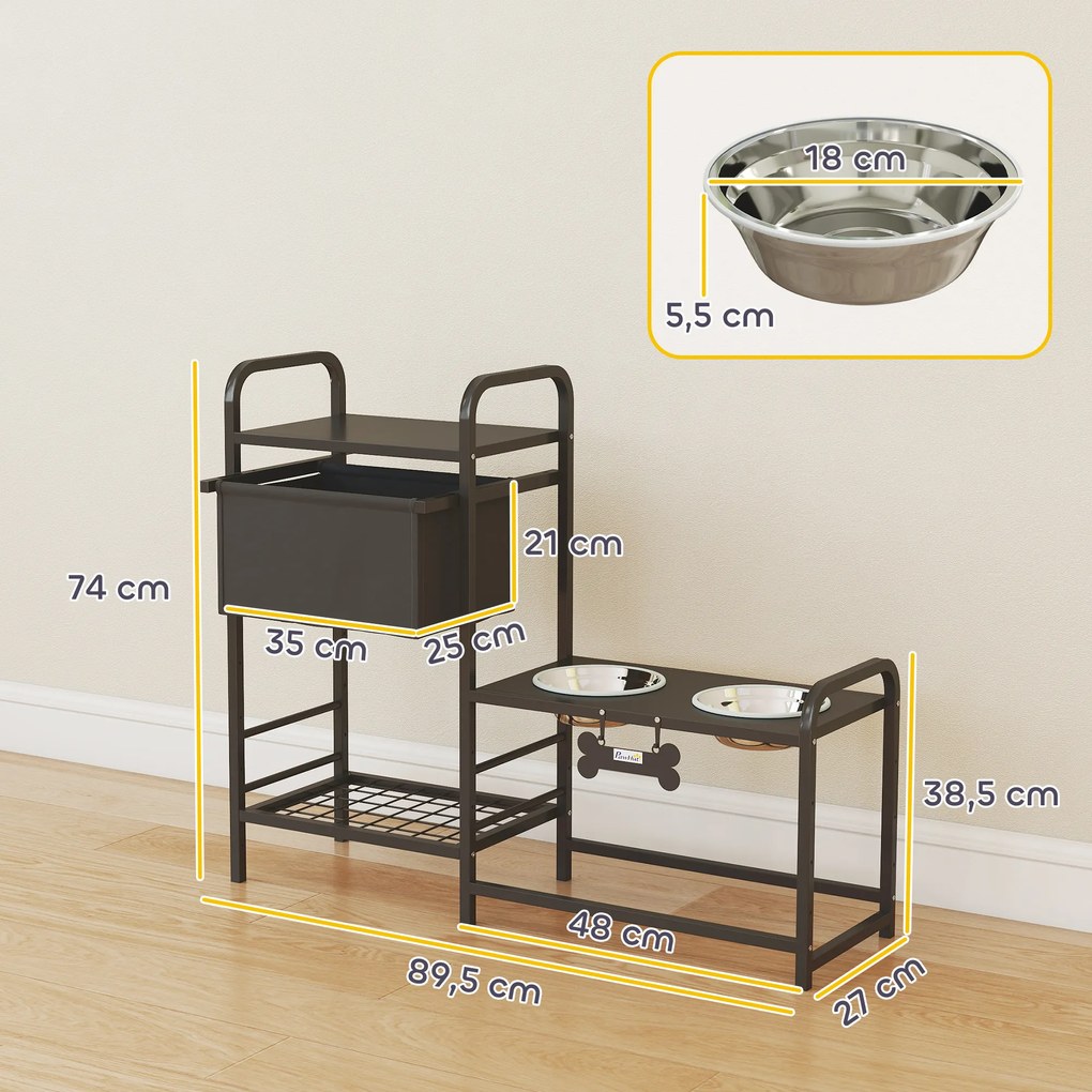PawHut Vyvýšená miska pro psy Výškově nastavitelná miska na krmivo s úložným prostorem Miska na vodu 2 x 800ml nerezové misky 89,5x27x74 cm Černá bar…