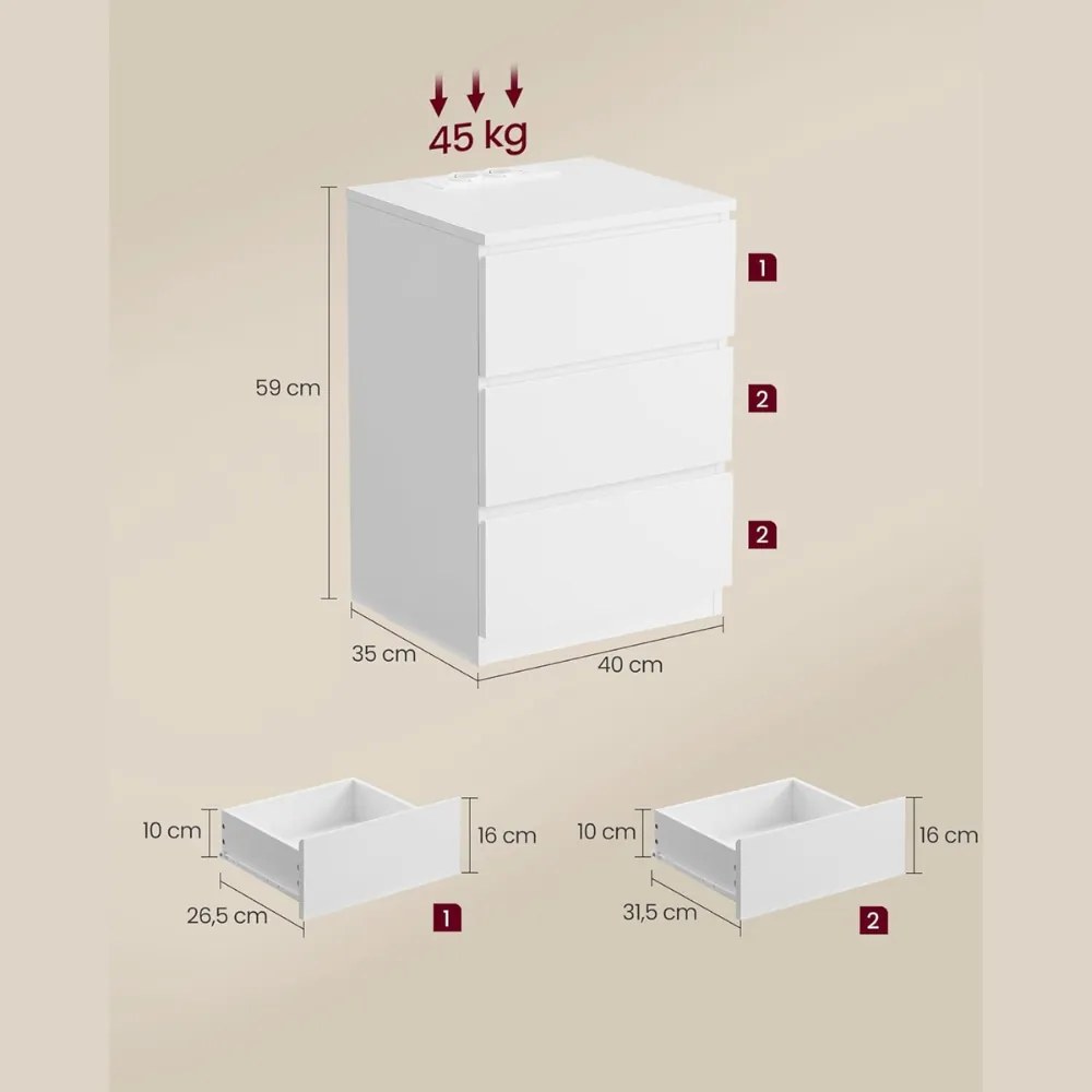 Noční stolek s funkcí nabíjení ZION, 35x40x59 cm, bílý Vasagle