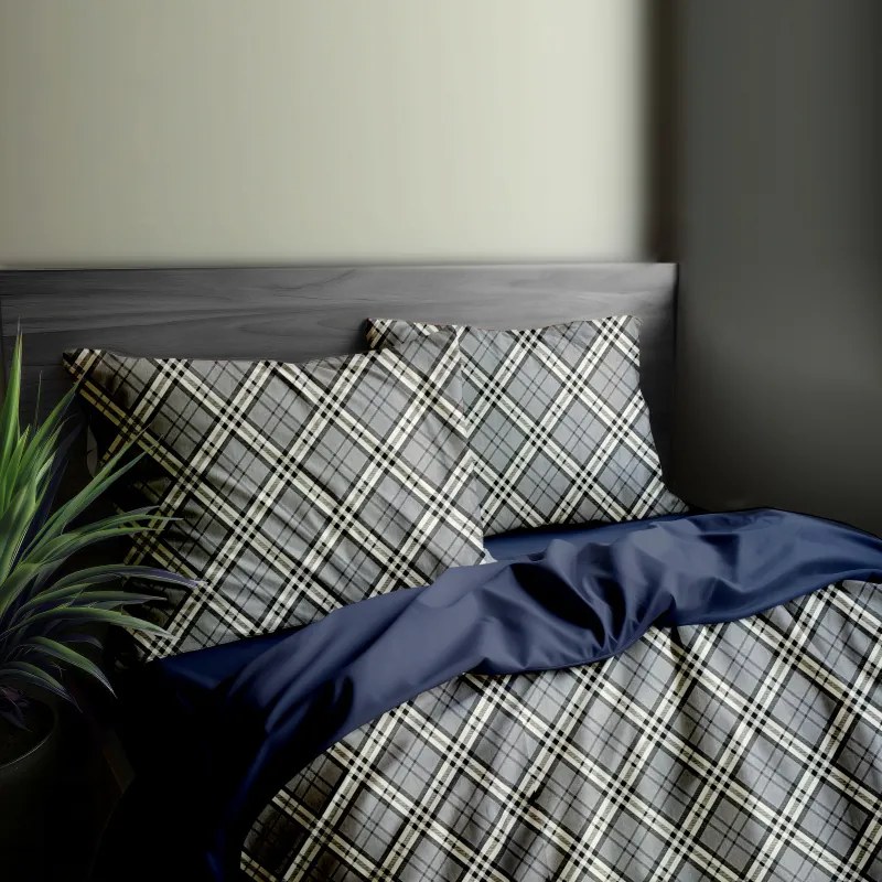 Ervi Bavlněné povlečení oboustranné - Grey Tartan/modré