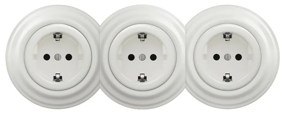 Kliklap - Trojitá retro zásuvka domovní s rámečkem SCHUKO 230V bílá KA0009+2xKA0008+3xKA0106