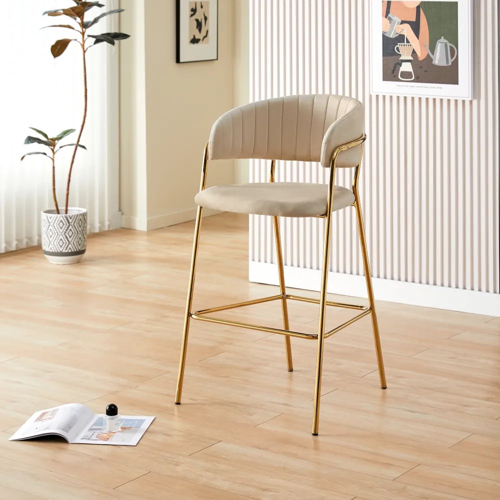 Designová barová židle PREMIN - béžová Velvet látka / zlatý chrom