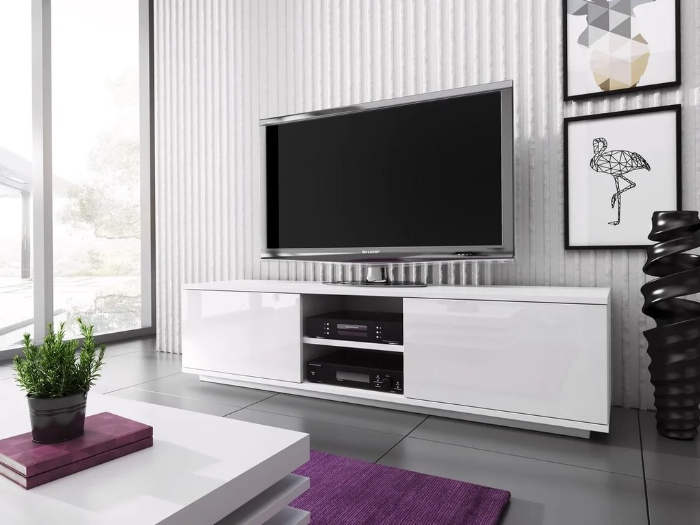 Široký televizní stolek 160 cm v bílém lesku KN1082