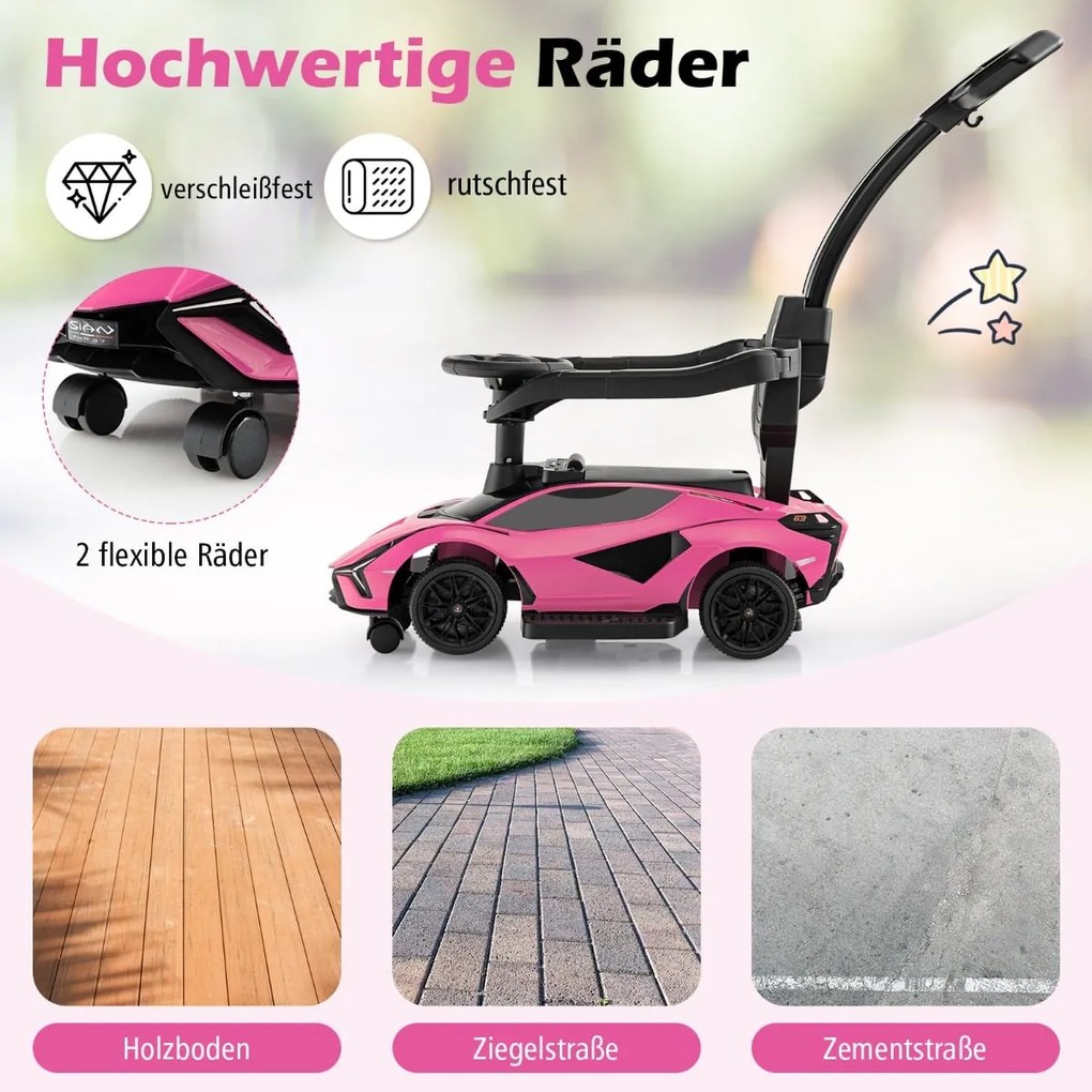 Costway 3 v 1 Lamborghini Push Car se světlomety a hudbou a – růžový