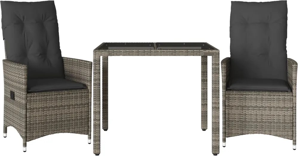 3dílný bistro set s poduškami šedý polyratan 3276735