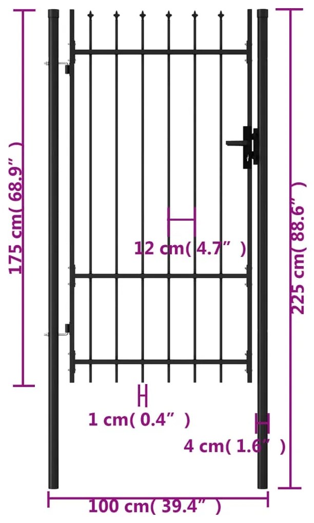 vidaXL Marketos Plotová branka BOXTEL jednokřídlé dveře s hroty nahoře ocel 1x1,75 m černá