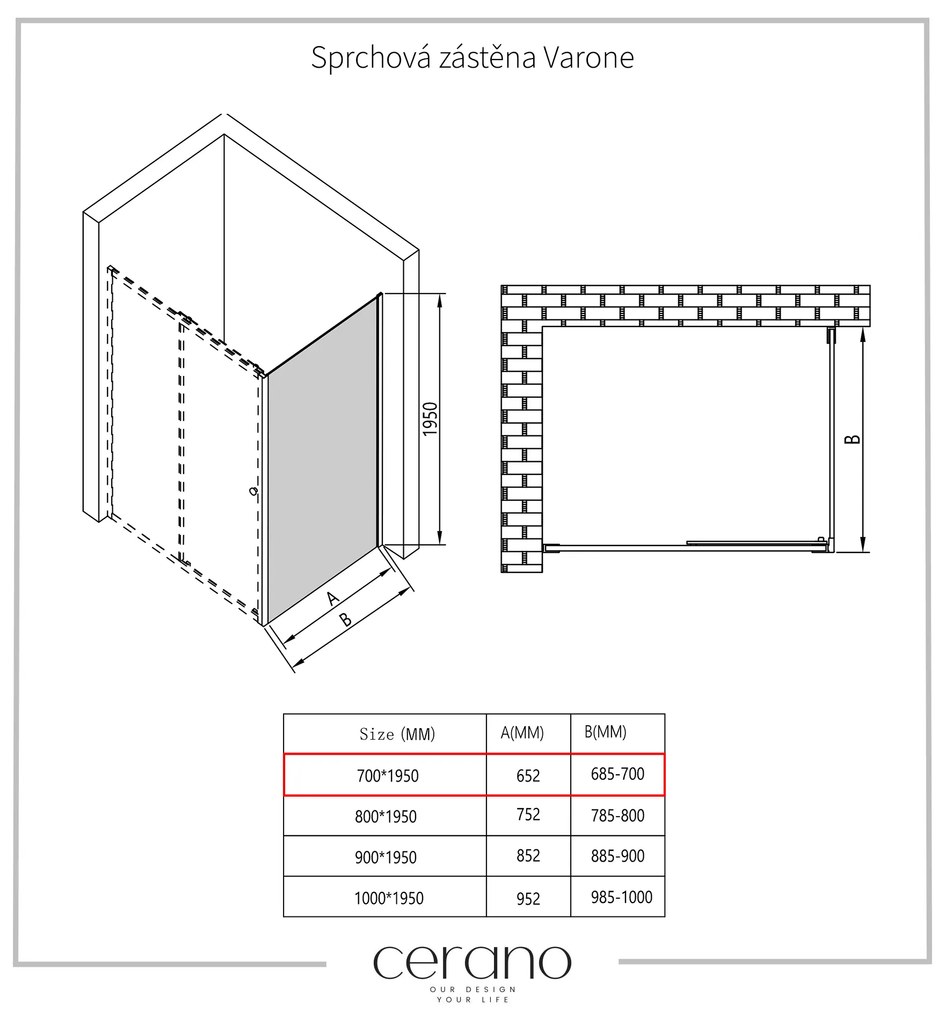 CERANO - Sprchový kout Varone L/P - černá matná, transparentní sklo - 140x70 cm - posuvný