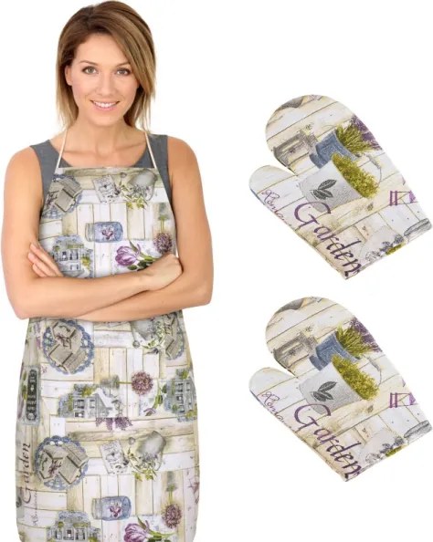 Bellatex Kuchyňská zástěra+chňapka 2ks EMA Zahrada Fialová,Béžová