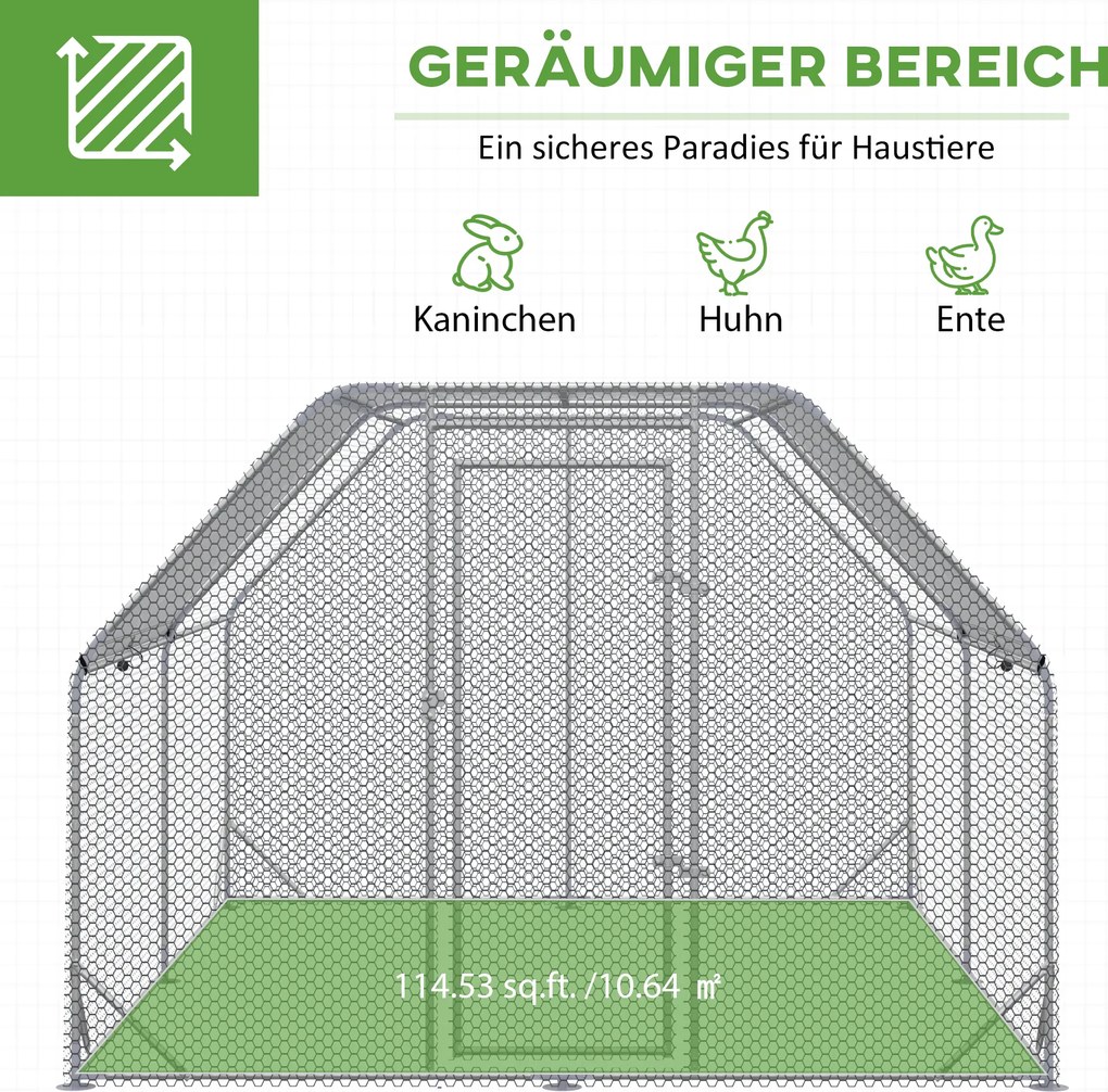 PawHut kurník pro volný výběh pro 10-12 kuřat s dvířky a střechou s vodoodpudivou ochranou proti slunci, Oxford/stříbrná 280x380x195cm | Aosom.de