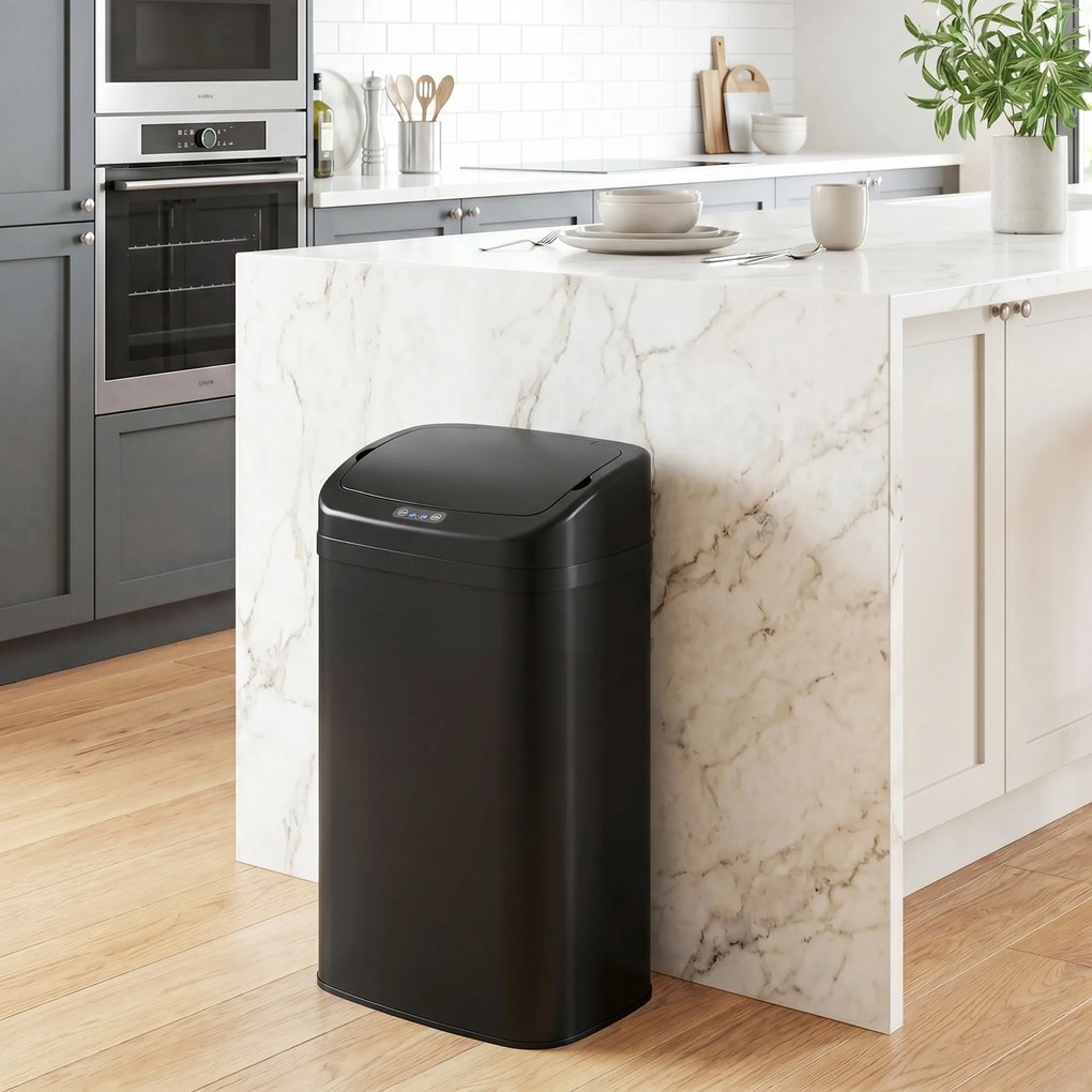 HOMCOM 48l senzorem řízený odpadkový koš pro kuchyň nebo kancelář, automatická uzavírací funkce, nerezová ocel, černý