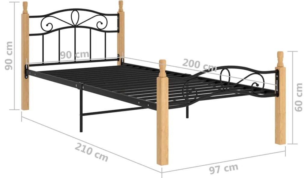 vidaXL Marketos Rám postele černý kov a masivní dubové dřevo 90 x 200 cm