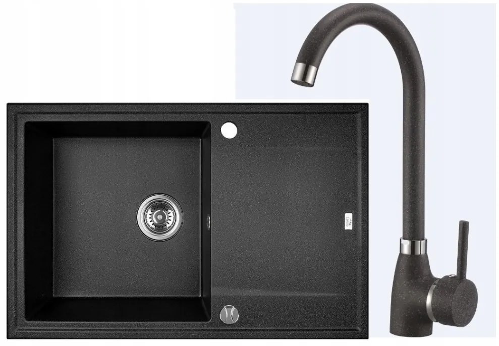 Laveo Megalo, kuchyňský granitový dřez 790x490x230 mm + dřezová baterie, černá, LAV-SBEA711T