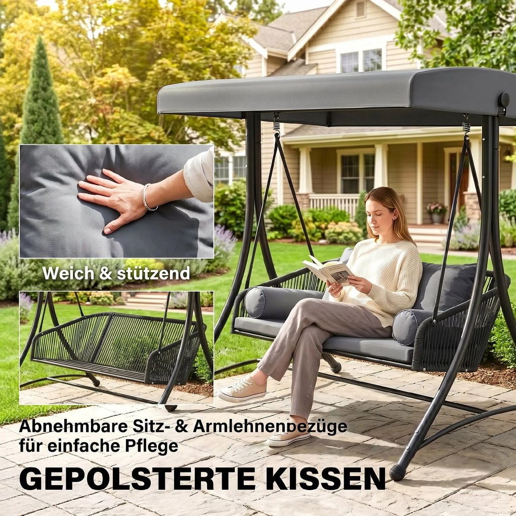 Outsunny ratanová houpačka Hollywood pro 2 osoby — zahradní lavice s nastavitelnou stříškou a polštáři, A-rám, nosnost 240 kg, 178 × 120 × 172 cm (tm…
