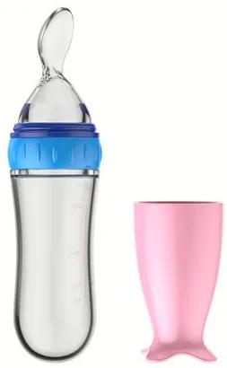 Tréninková silikonová láhev na krmení lžičkou Varianta: lahev s víkem/miskou, růžová