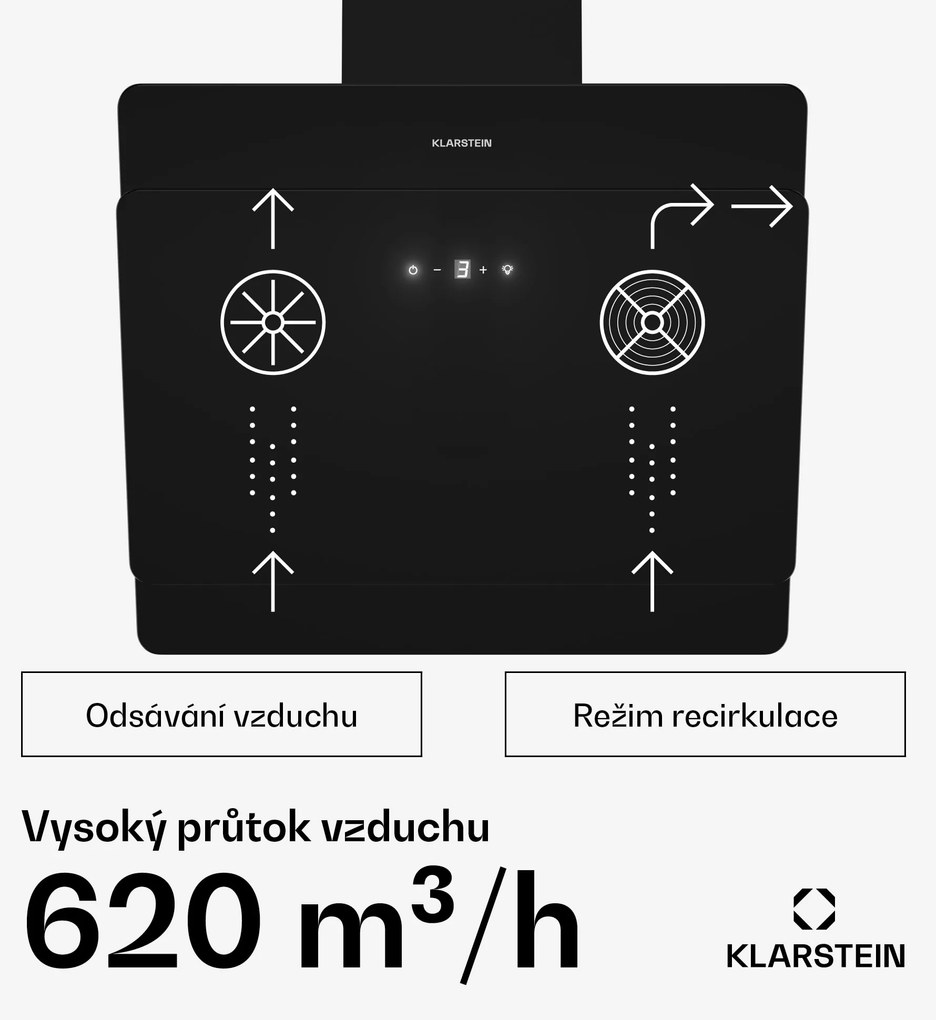 Klarstein Aurica 60, digestoř, 60 cm, nástěnná, 620 m³/h, LED, dotykové ovládání, sklo, černá