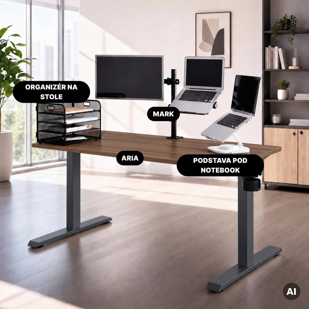Elektrický stůl s regulací výšky ergonomický antracitový/ořech,1400x700 mm: ARIA
