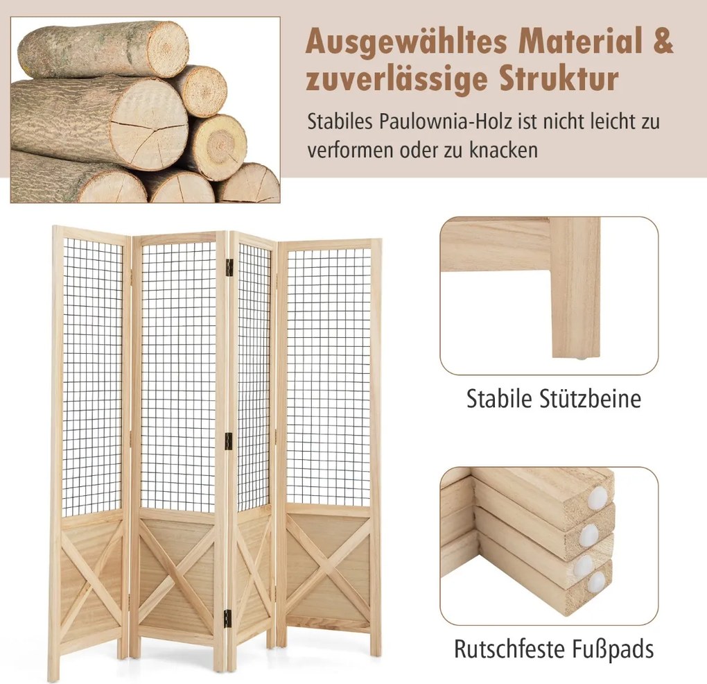 Costway Skládací zástěna dělicí příčka 4dílná příčka dřevěný rám – 151 × 144 cm