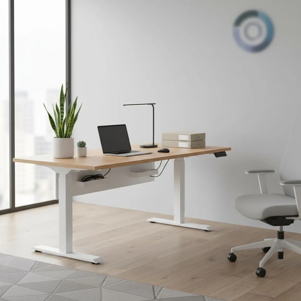 Výškově nastavitelný stůl OfficeTech C, 180 x 80 cm, bílá podnož, dub kraft