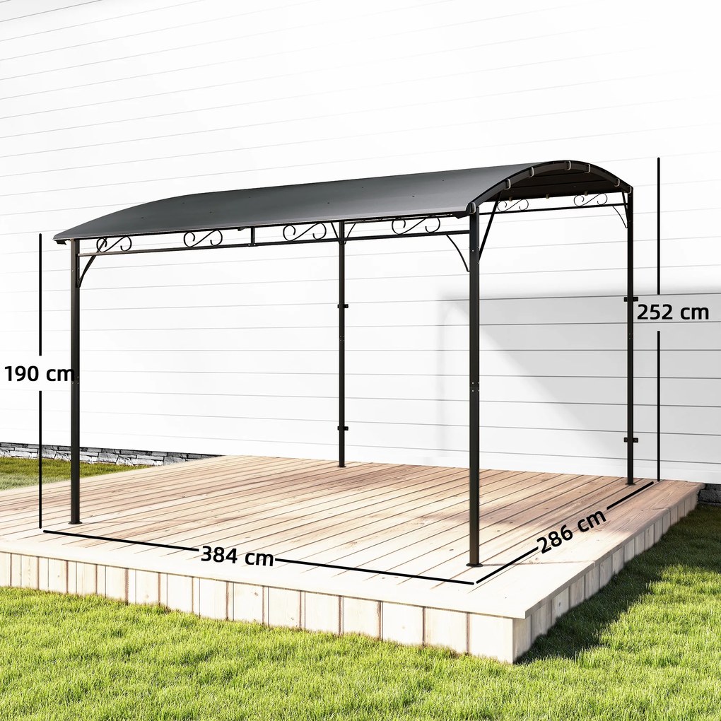 Přistavená pergola s kovovým rámem Střecha, nástěnný přístřešek pavilonu odolný proti povětrnostním vlivům 2,86 x 3,84 x 2,52 m Šedá barva