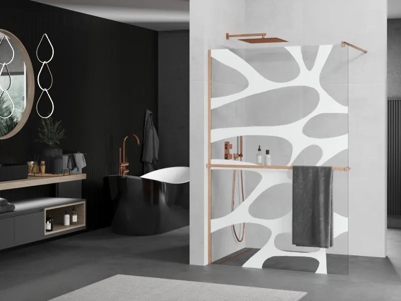 Mexen Kioto+, sprchová zástěna Walk-In s poličkou a věšákem 110 x 200 cm, 8mm čiré sklo bílý vzor, ​​měděný matný profil, 800-110-121-65-97