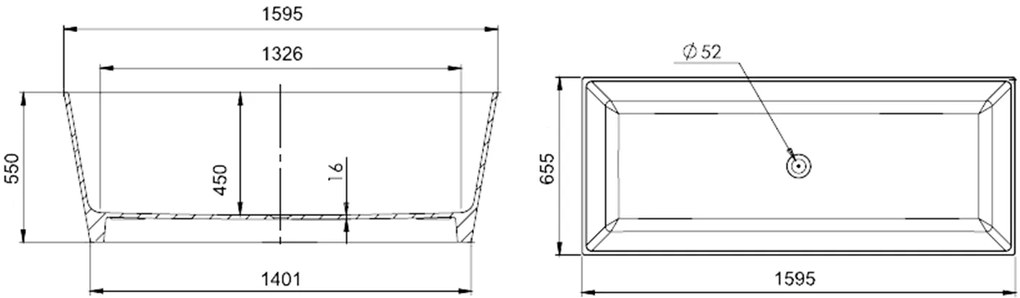 Gelco, KVADRIE - vana, 1590x650x550mm, litý mramor, objem 360l, bílá lesk, GVKV1590