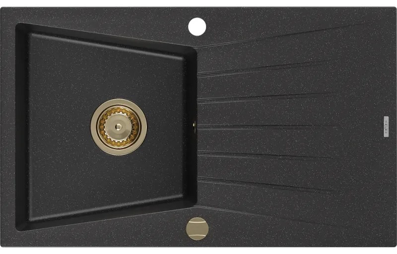 Mexen Cesar, granitový dřez 775x470x190 mm, 1-komorový, černá-stříbrná metalíza se zlatým sifonem, 6514771010-73-G