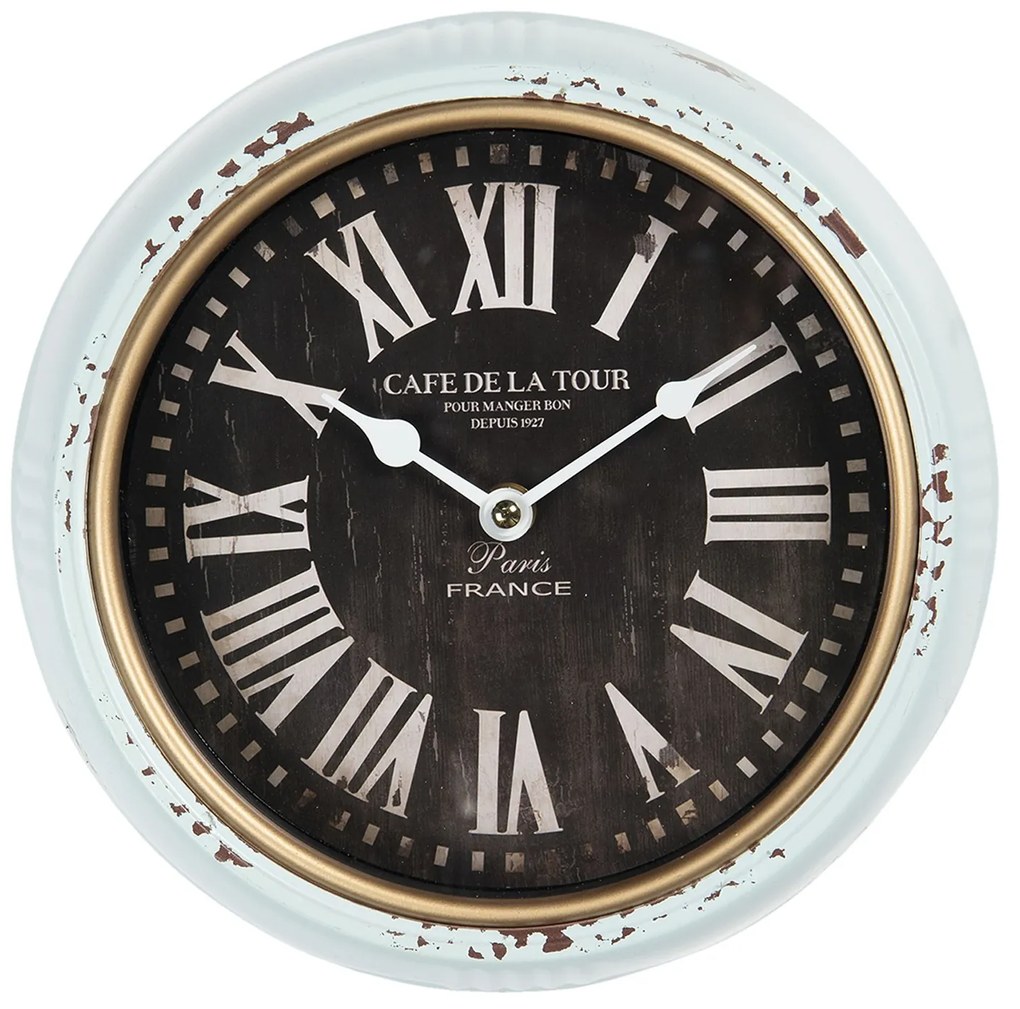 Mintové vintage nástěnné hodiny s patinou Cafe De La Tour – Ø 24 *3 cm / 1*AA