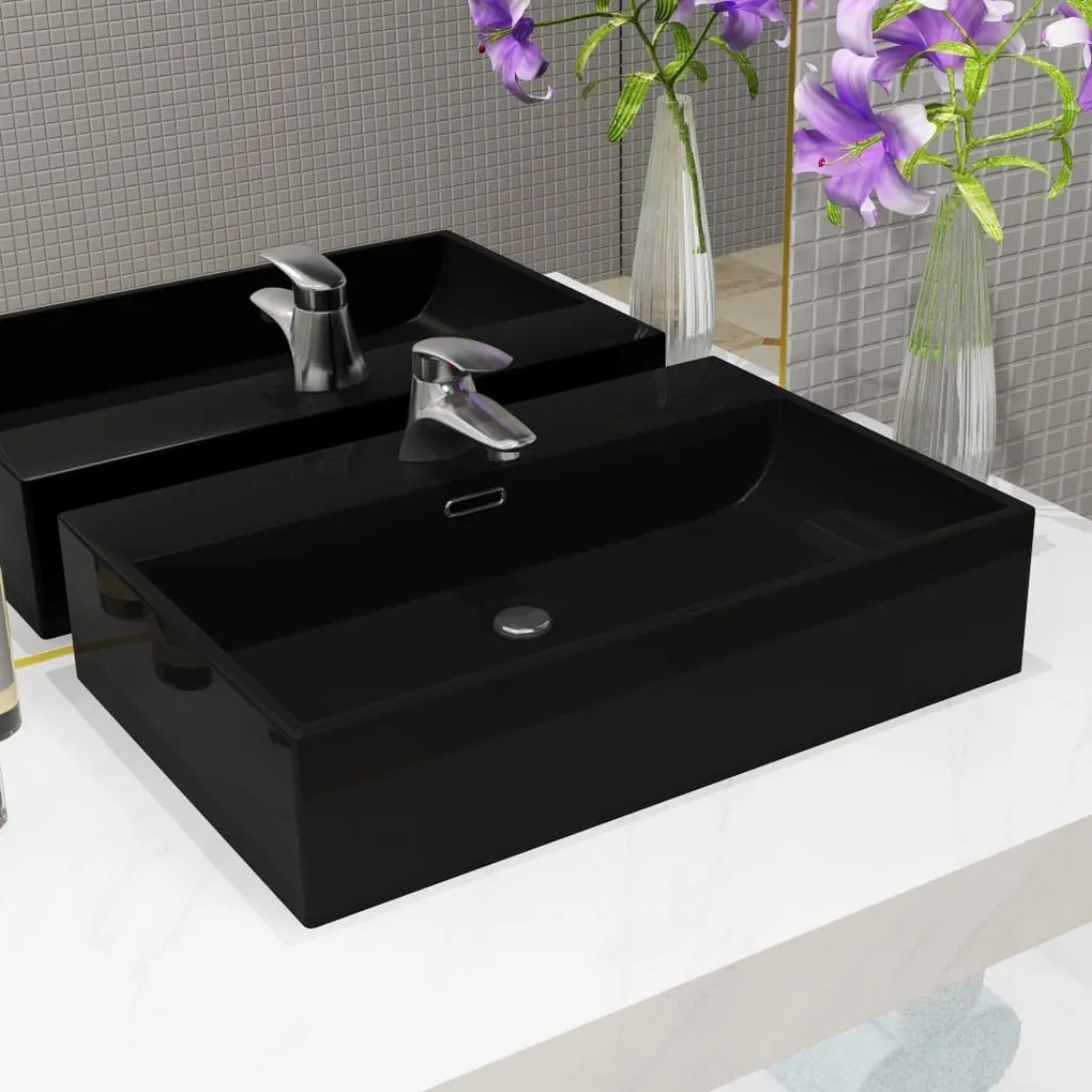 Umyvadlo s otvorem na baterii keramické černé 76x42,5x14,5 cm 142743