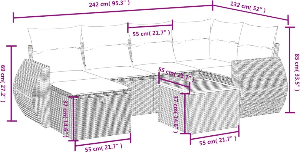 7dílná zahradní sedací souprava s poduškami černá polyratan 3265060
