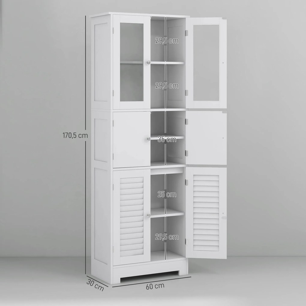 HOMCOM Sloupcový pomocný nábytek do koupelny s 6 dveřmi, nastavitelnými policemi a protiskluzovým designem moderní koupelnová skříň 60x30x170,5 cm bí…