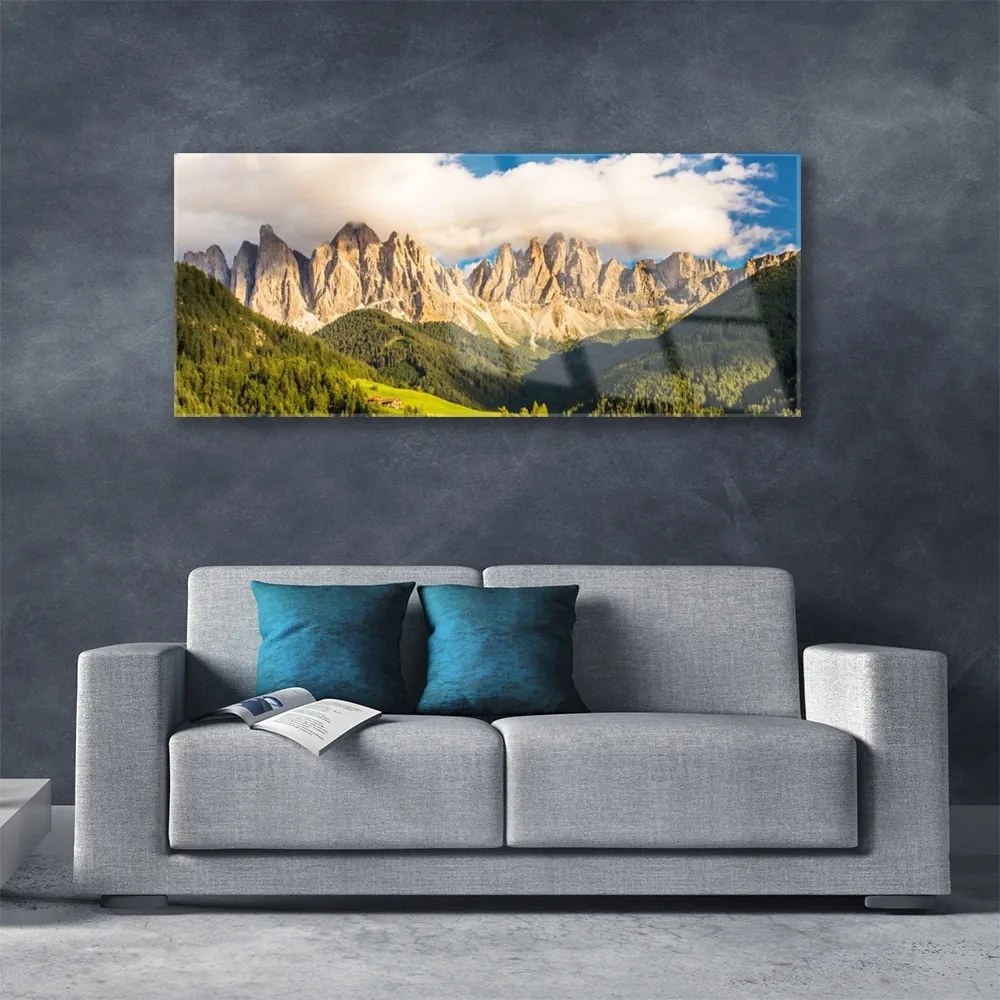 Plexisklo-obraz Vrcholy Hor Mraky Lesy Louka 125x50 cm