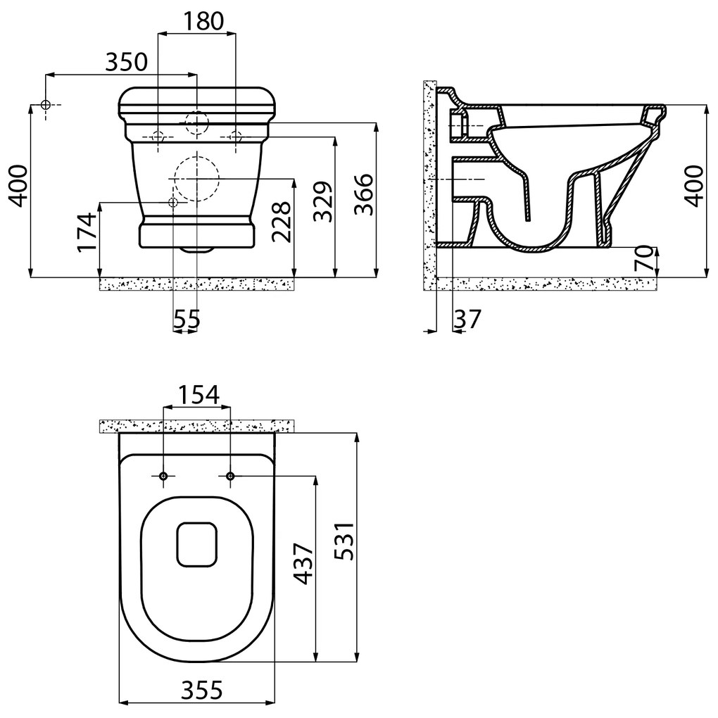 SAPHO ANTIK závěsná retro WC mísa, 36x53cm, bílá AN320