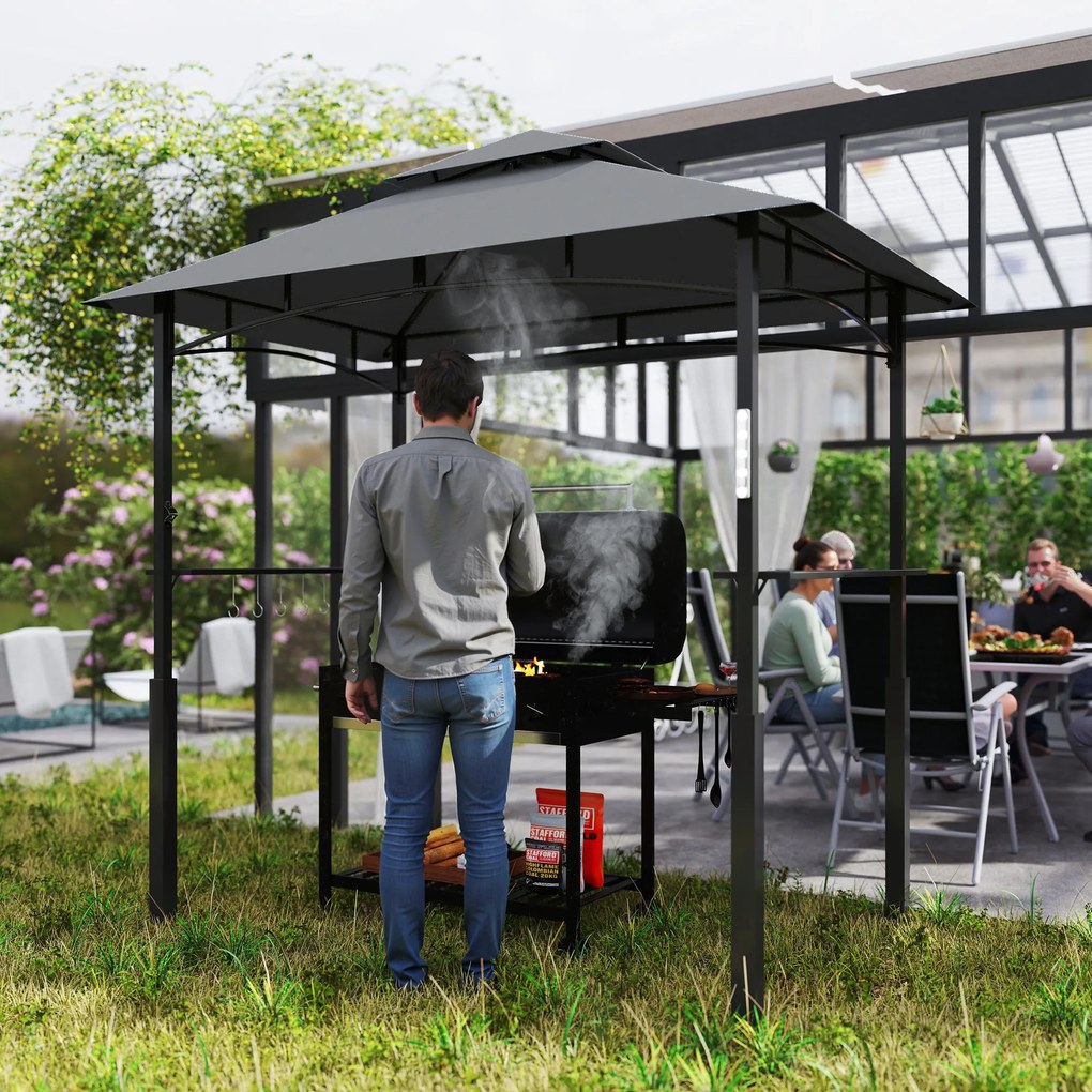 Outsunny Grilový pavilon, zahradní grilovací stan s regály na koření, LED osvětlení, kov, plast, 243D x 148Š x 248V cm, šedý
