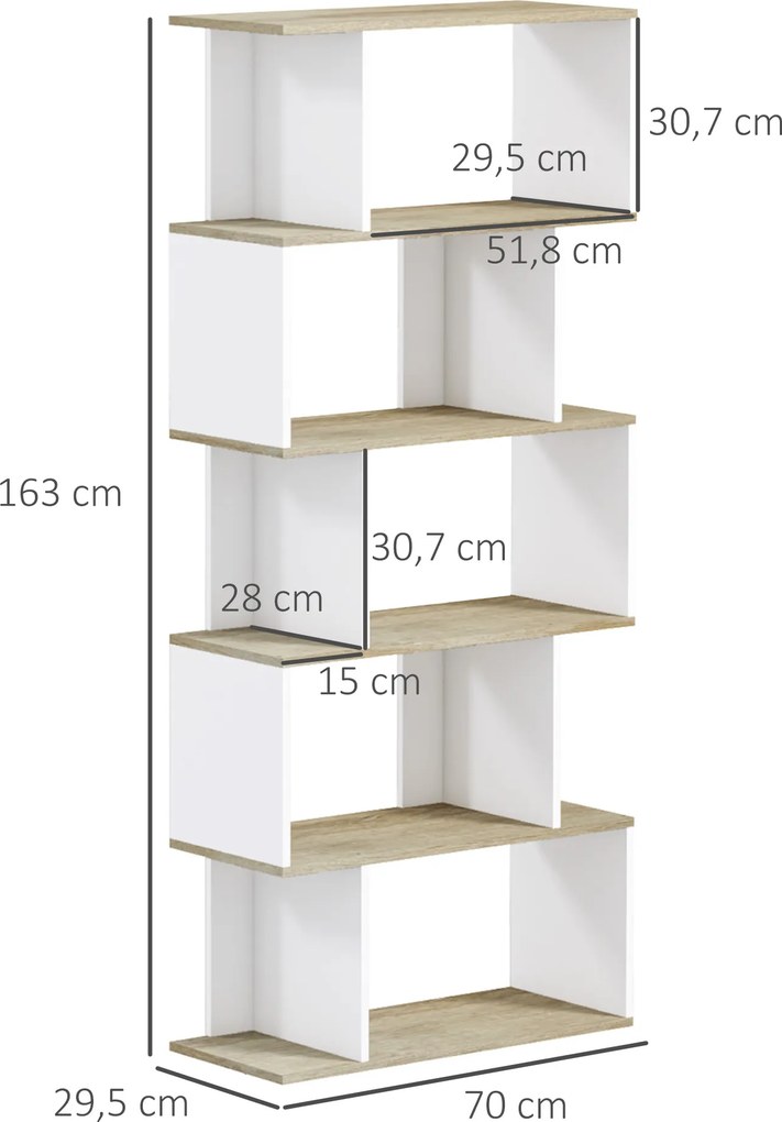 HOMCOM Knihovna v Nordic Stylu s 5 Anti-Tip Policemi, Nosnost 25 kg pro Kancelář a Obývací Pokoj, 70x29,5x163 cm, Dub a Bílá
