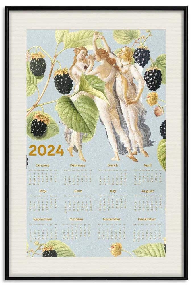 Plakát Kalendář na rok 2024 - obrazová koláž Tři Grácie s botanickým motivem