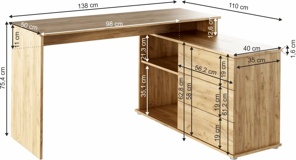 Univerzální rohový PC stůl, dub artisan, TERINO