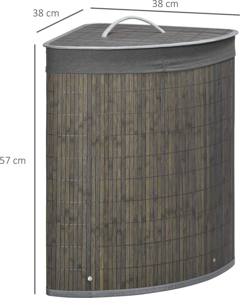 HOMCOM Bamboo Koš na Prádlo s Víkem 55L, Sběrač Prádla s Rukojeťmi, Odnímatelný Prádlo Vak, Rohový Koš na Prádlo pro Koupelnu, Ložnici, Šedý