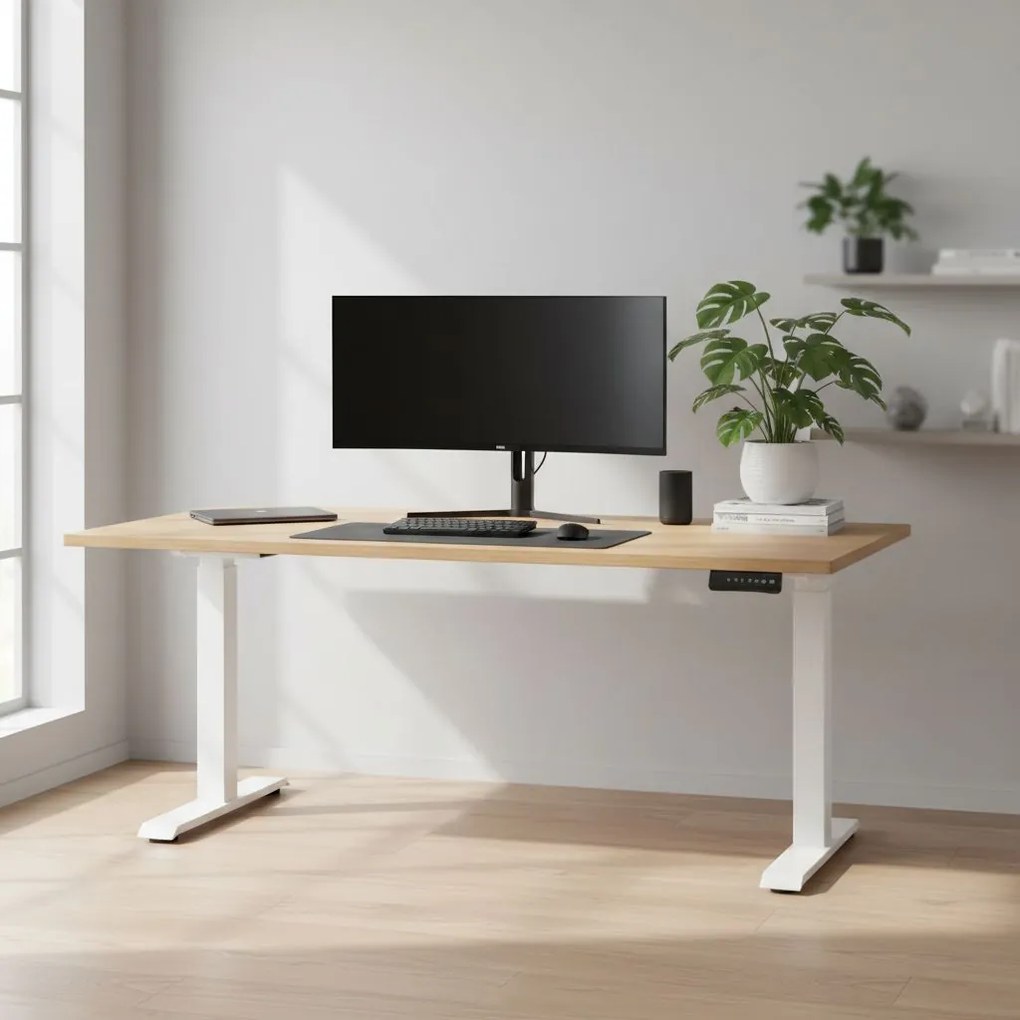 Výškově nastavitelný stůl OfficeTech D, 180 x 80 cm, bílá podnož, dub kamenný